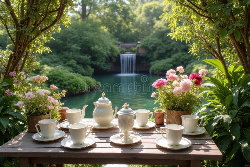 Tranquil Tea Gardens Landscape Stock Illustration - Illustration of ...