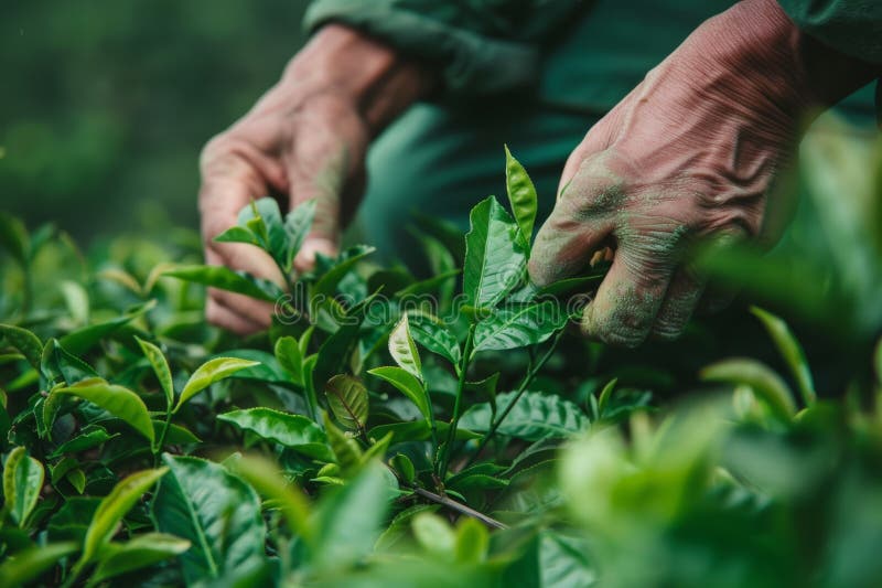 Tranquil Tea Picking Scene, Workers Harvesting Leaves on Sunny ...