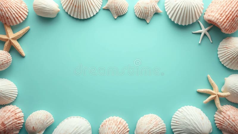 Tranquil Teal Background with White and Pink Seashell Frame Stock ...