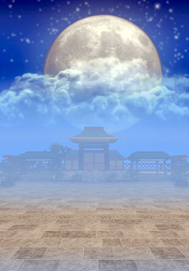 Tranquil Temple and Full Moon Night Stock Illustration - Illustration ...