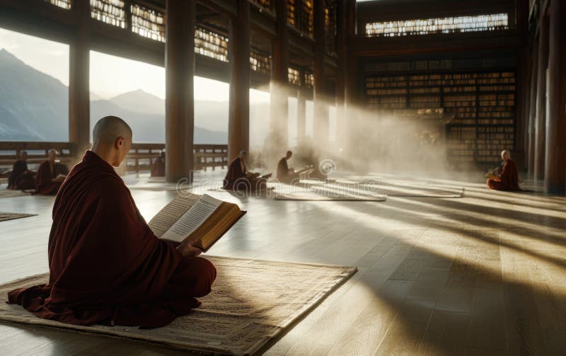 In a Tranquil Temple, Monks Sit in Meditation and Study Sacred Texts ...