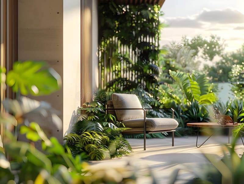 Tranquil Terrace Featuring Modern Geometric Design Amidst Lush Greenery ...