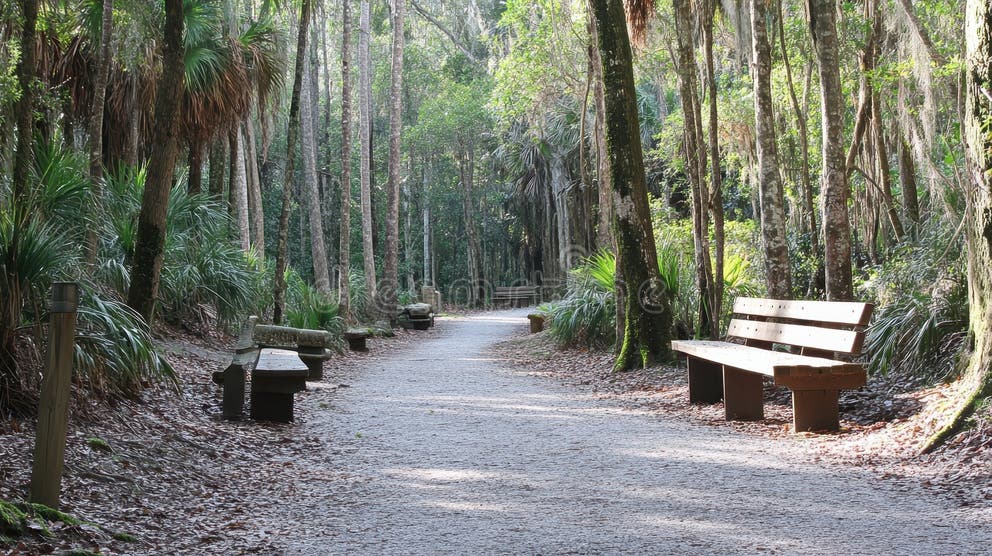 Tranquil Trail: a Path through the Woods with Seating Benches Stock ...