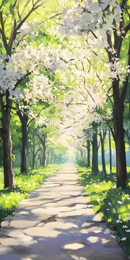 Tranquil Tree-lined Pathway Scene Stock Illustration - Illustration of ...