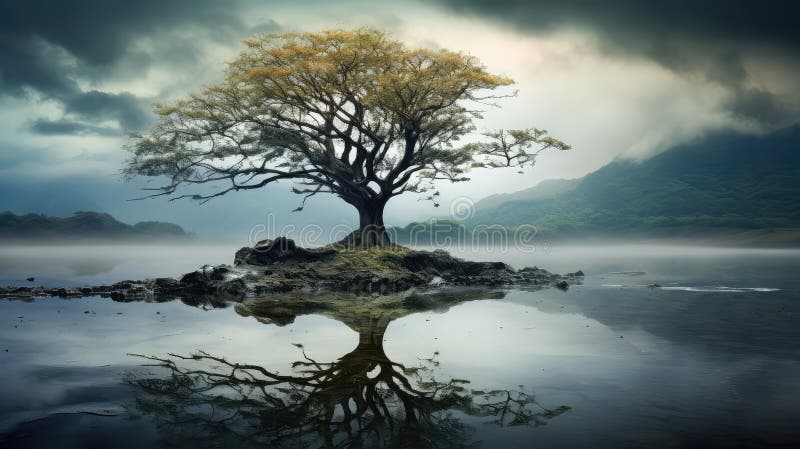 Tranquil tree by water stock illustration. Illustration of serene ...