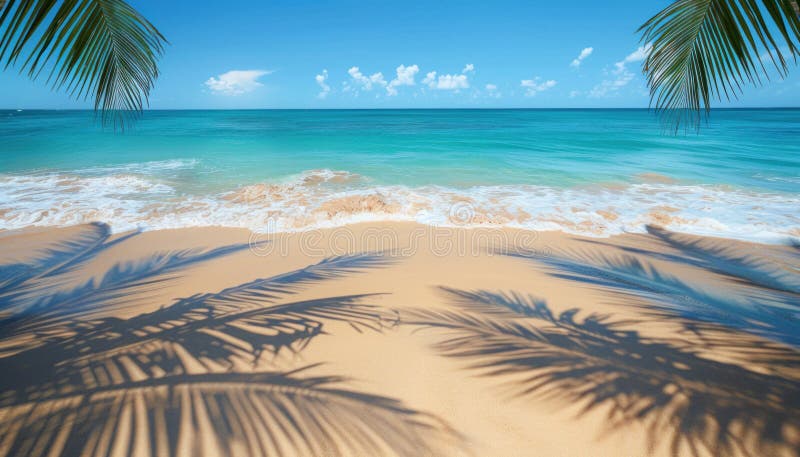 Tropical Beach with Palm Trees Casting Shadows on the Sandy Shore ...