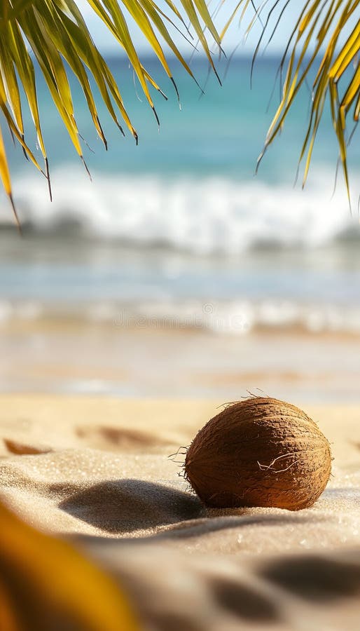 Tranquil Tropical Beach Scene with Coconut Close-Up Stock Illustration ...