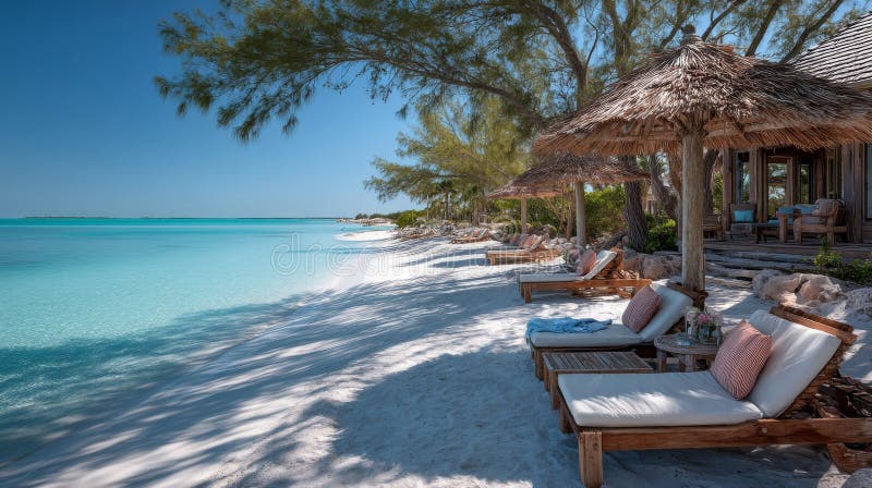 Tranquil Tropical Beach Scene with Lounge Chairs Stock Illustration ...