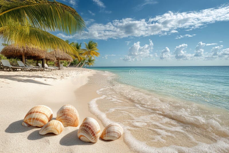 Tranquil Tropical Beach Scene with Seashells in the Foreground ...
