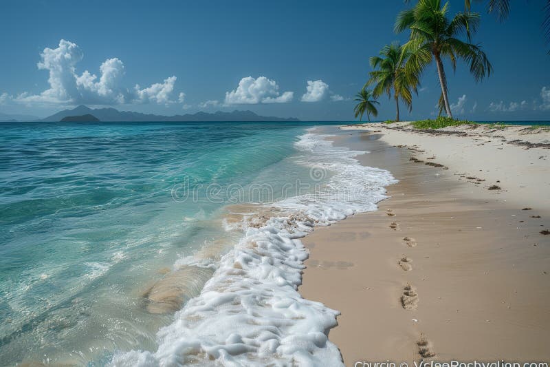 Tranquil Tropical Beach Scene with Soft Waves, Footsteps in Sand, and ...