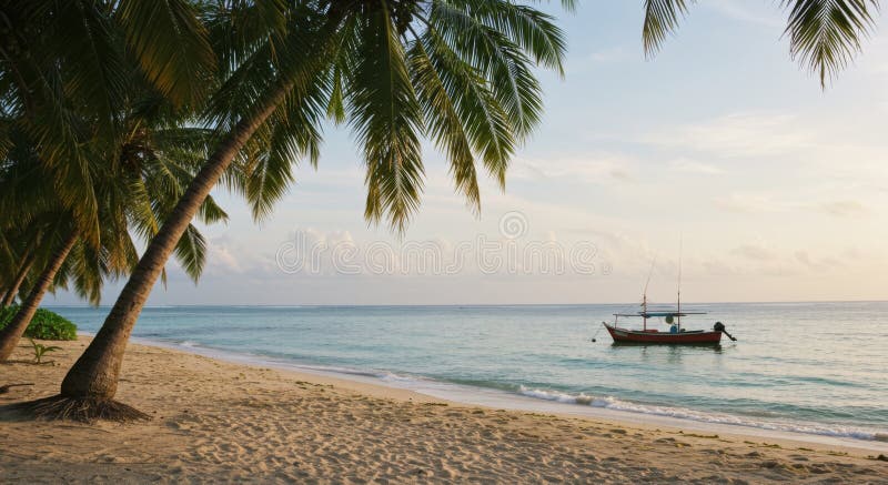 Tranquil Tropical Beach Scene at Sunset with Small Boat Stock ...