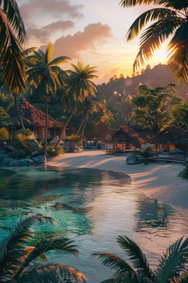 A Tranquil Tropical Beach Scene with Tall Palm Trees and Blue Waters ...