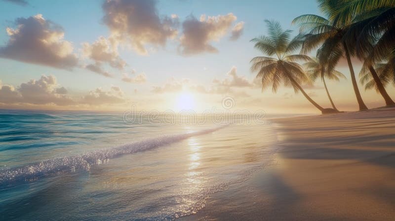 Tranquil Tropical Beach Sunset with Palm Trees and Gentle Waves Stock ...