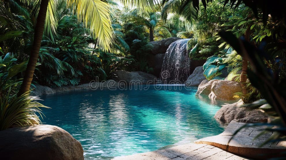 Tranquil Tropical Oasis with Waterfall and Pristine Pool in Lush Jungle ...