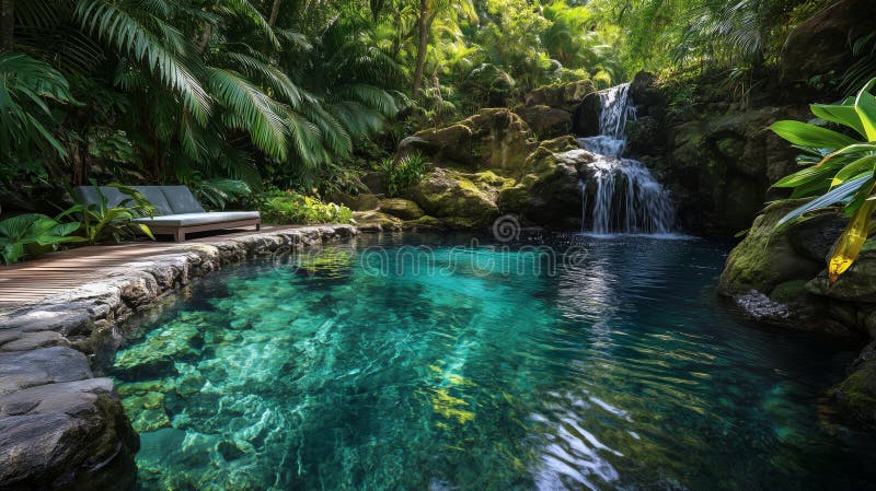 Tranquil Tropical Pool with Waterfall and Lush Greenery Stock Photo ...