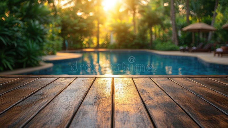 Tranquil Tropical Poolside Deck at Sunset with Lush Greenery and Sunlit ...