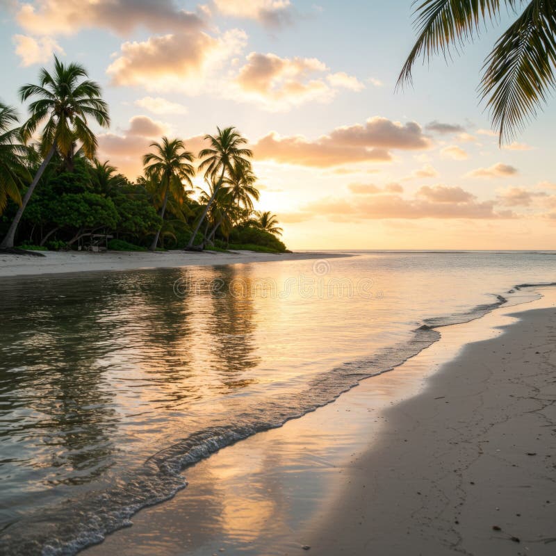 Tranquil Tropical Sunset Beach Scene Stock Illustration - Illustration ...