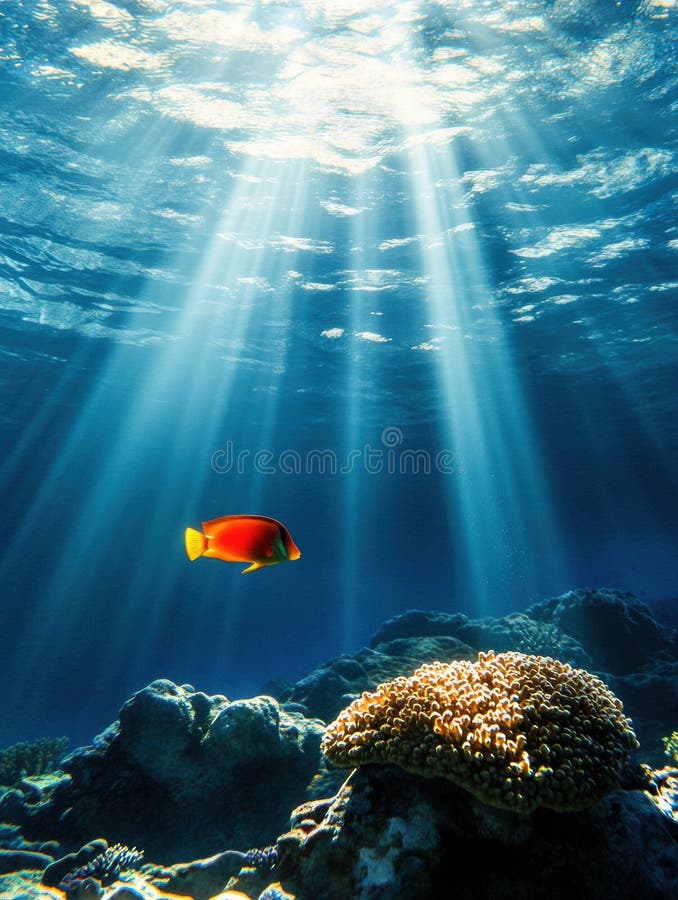 Tranquil Underwater Scene with Sun Rays and Vibrant Fish in Coral Reef ...