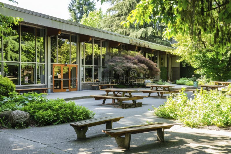 Tranquil University Campus Building with Lush Greenery and Outdoor ...