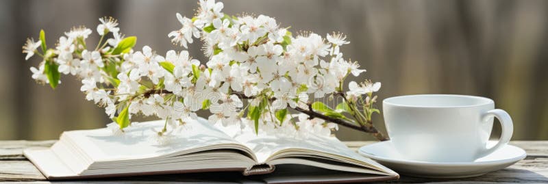Tranquil and Uplifting White Coffee Cup and Book on a Serene Spring ...