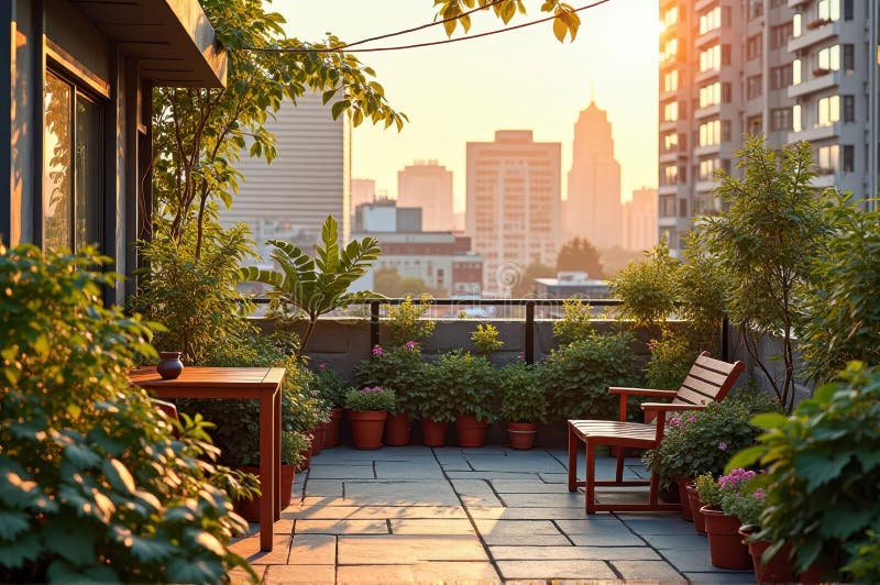 Tranquil Urban Balcony Garden at Sunset with City Skyline View Stock ...