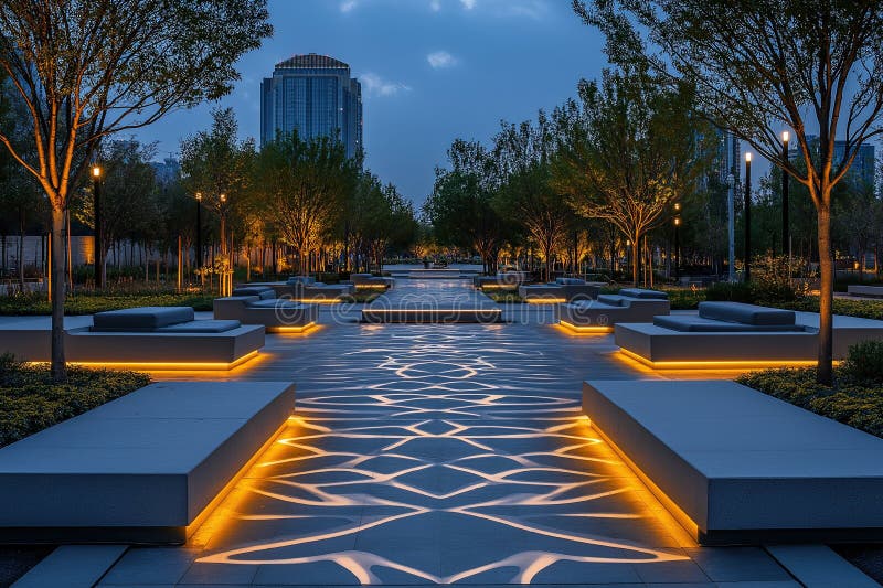 Urban Park Pathway Illuminated at Dusk with Artistic Lighting and ...