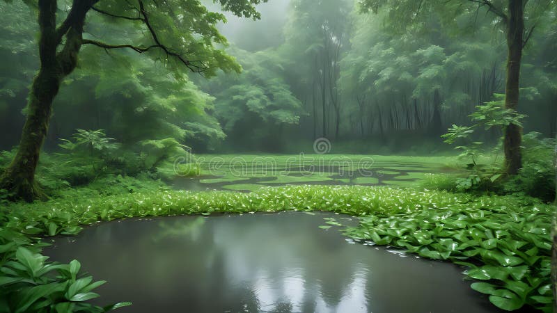 Tranquil View of a Dense, Lush Green Forest with Sunlight Streaming ...