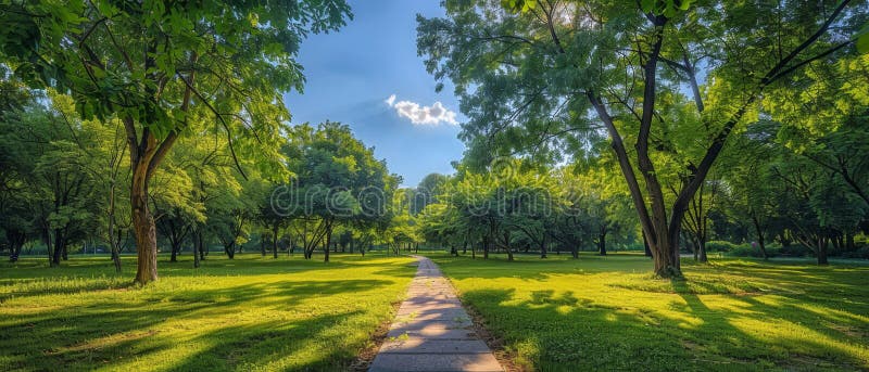 Tranquil View of Public Park with Winding Paths and Leafy Trees at a ...