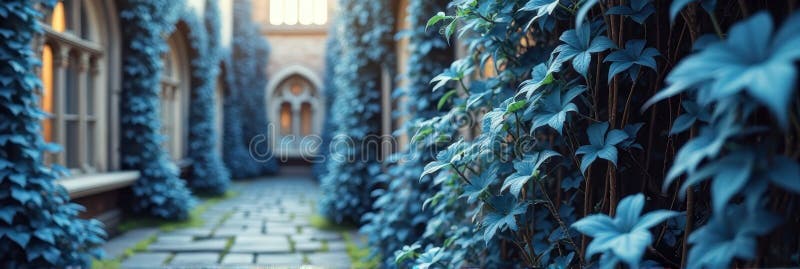 Tranquil Vine-covered Stone Pathway in Historic Cloister with Blue ...