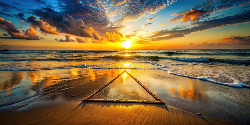 A Tranquil Vintage Sunset Beach Scene a Stunning Triangle Sand Drawing ...
