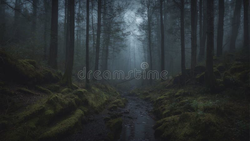 A Tranquil Walk through a Dark Forest during Foggy Twilight Hours Stock ...