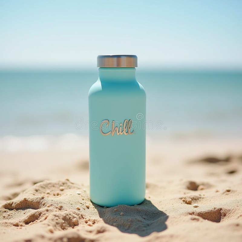 Tranquil Water Bottle with Chill Typography on Beach Background Stock ...
