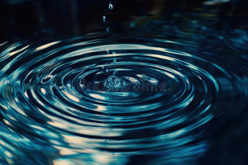 Tranquil Water Droplet Creating Ripples in Dark Liquid Surface at Night ...