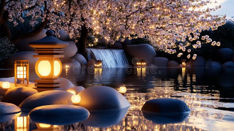 Tranquil Water Garden Featuring Illuminated Lanterns and Cherry Blossom ...