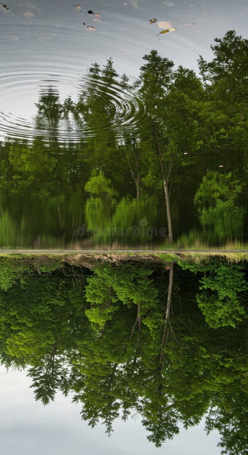 Tranquil Water Reflection of Lush Green Trees Stock Illustration ...