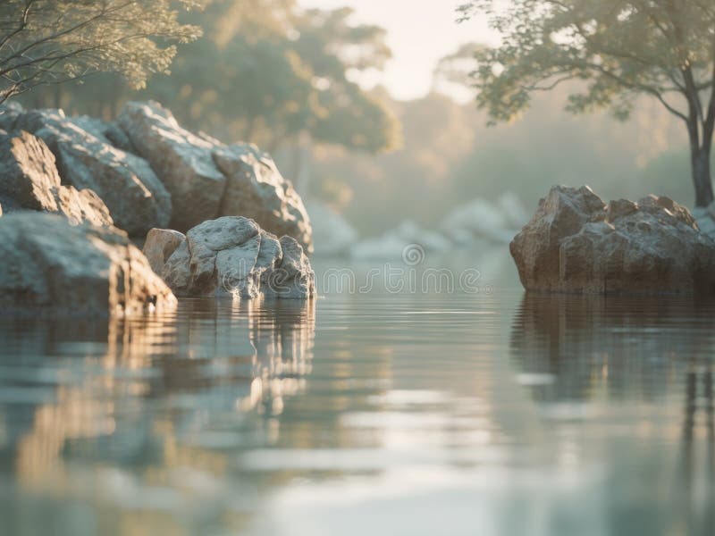 Tranquil Water Scene Featuring Rocks Trees Sunlight Reflections Stock ...
