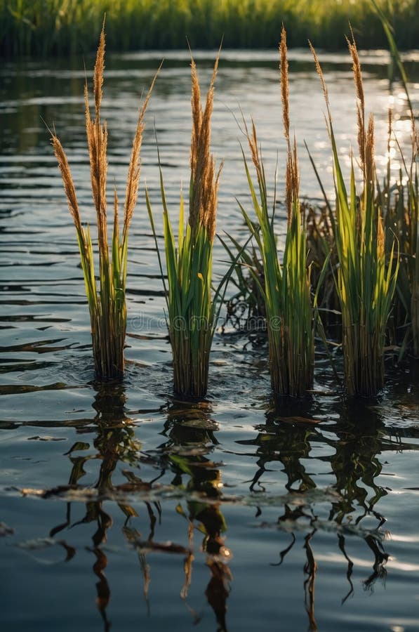 Golden Reeds Reflecting in Calm Water at Sunset Stock Illustration ...