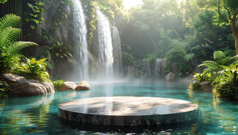 Tranquil Tropical Waterfall in Lush Jungle Setting with Circular ...