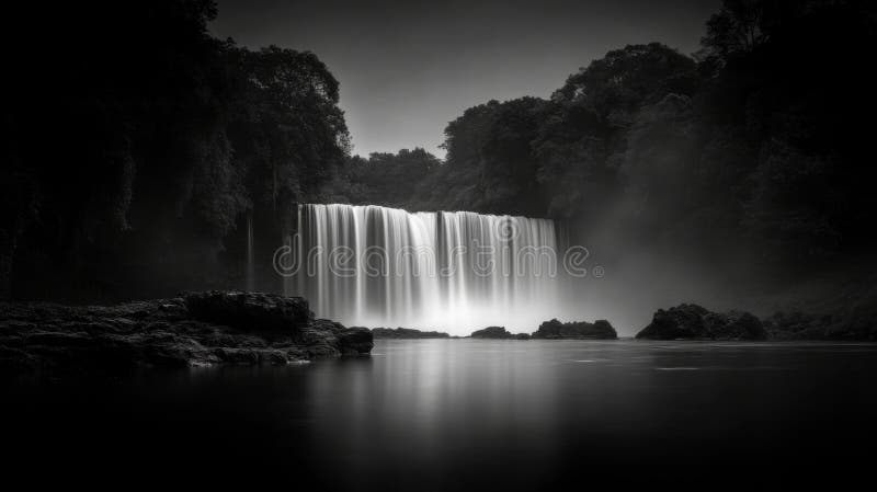 Tranquil Waterfall Cascading through Lush Forest in Black and White ...