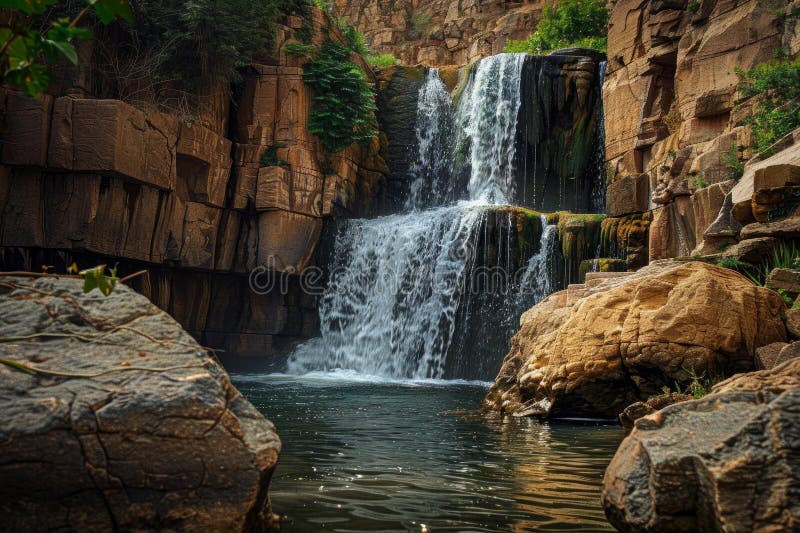 Serene Waterfall Cascading Tranquil Pool Surrounded Lush Rock ...
