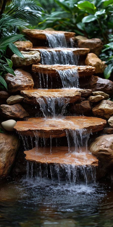 Tranquil Waterfall Cascading Over Natural Stone Steps in a Lush Green ...