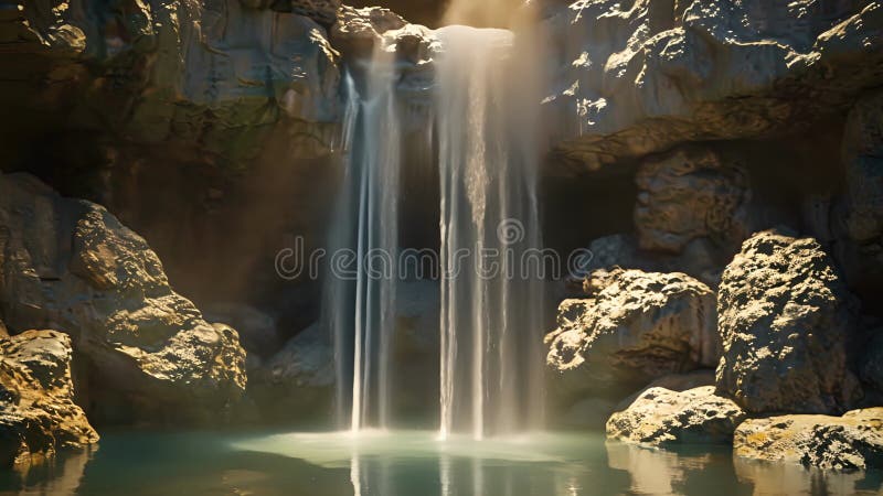 A Tranquil Waterfall Cascading Over Rocks with a Hidden Cave Behind it ...