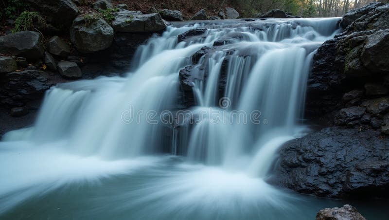 Tranquil Waterfall Cascading Over Rocks in Long Exposure Shot Stock ...