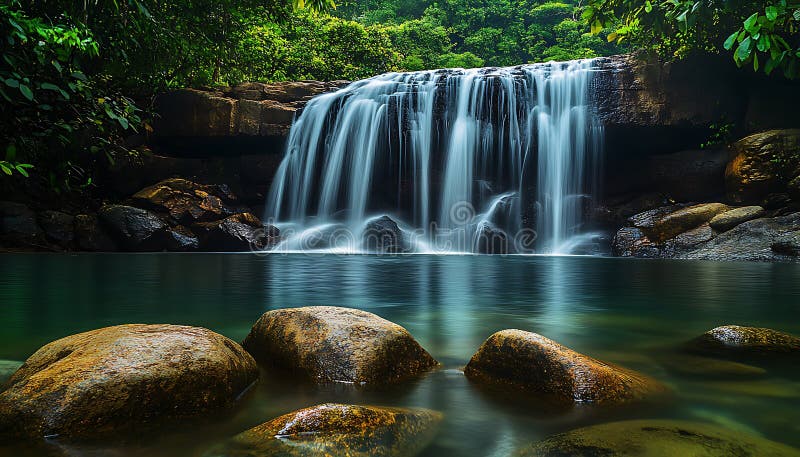 Tranquil Waterfall Cascading Over Smooth Rocks into a Crystal-clear ...