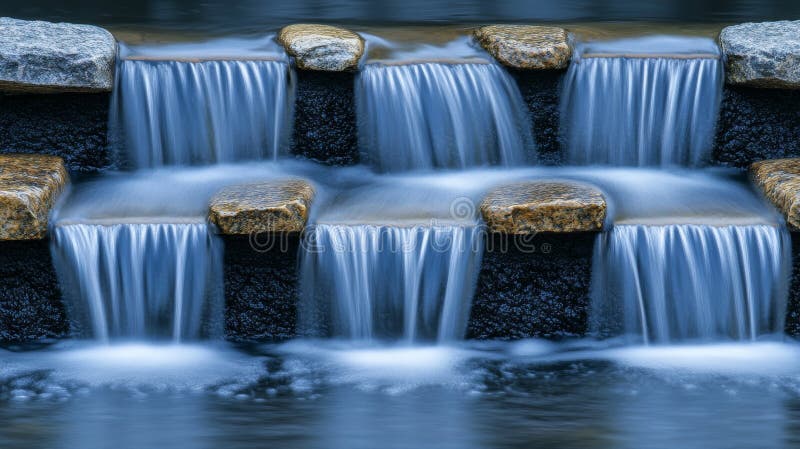 A Tranquil Waterfall Flows Over Rocks, Forming a Misty Ambiance Stock ...