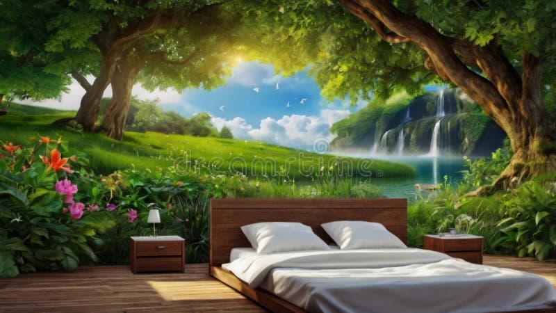 Tranquil Waterfall Mural in a Bedroom Stock Illustration - Illustration ...