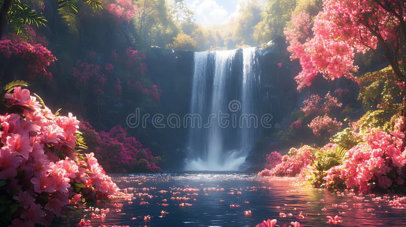Tranquil Waterfall Paradise, Pink Blossoms, Sunlit Jungle Pool Stock ...