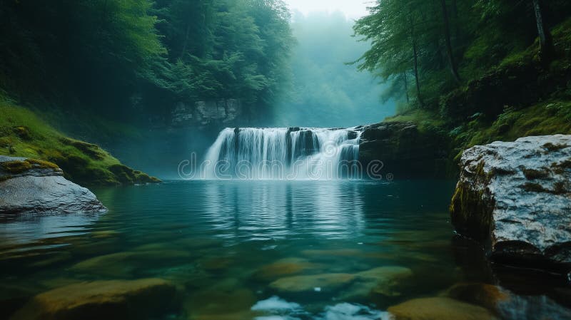 A Tranquil Waterfall Pours into a Calm Pool, Enveloped by Mist and ...