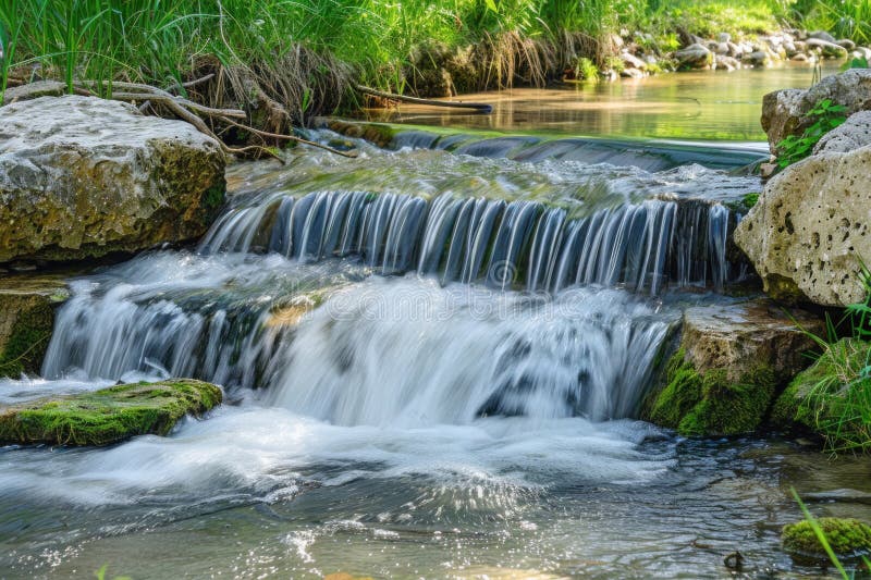 Tranquil Waterfall in a River, Surrounded by Rocks and Greenery in a ...