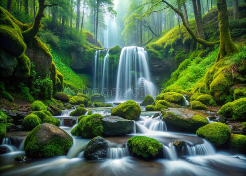 Tranquil Waterfall Scene with Flowing Water Over Rocks in a Calm Forest ...